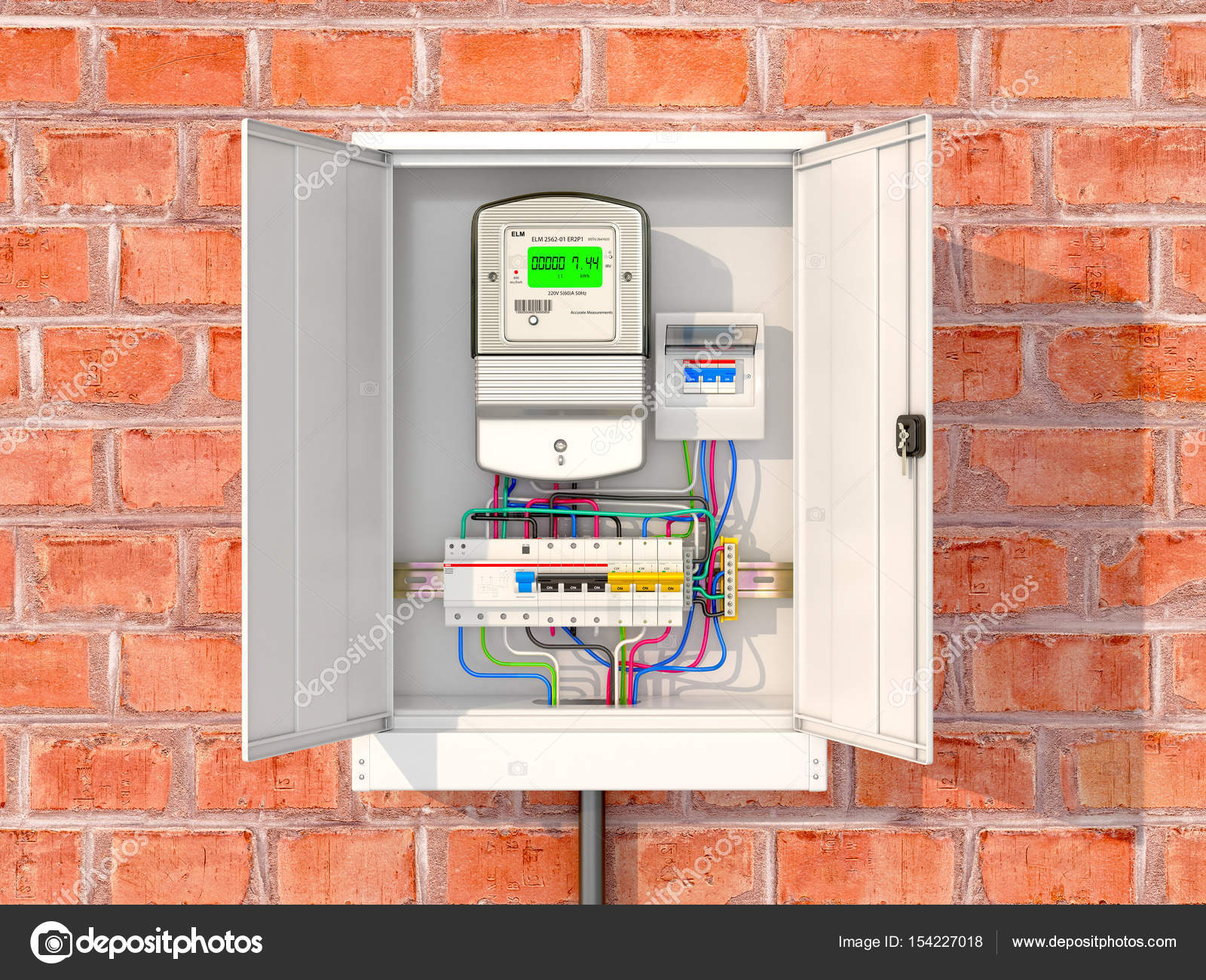 Electric meter with circuit breakers in a metal box. 3D illustra Stock ...