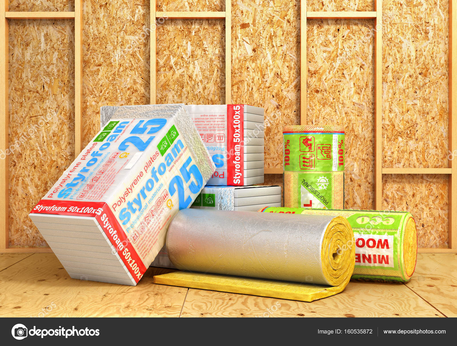 A rolls of insulation glass wool on a wood background. Insulatio ...