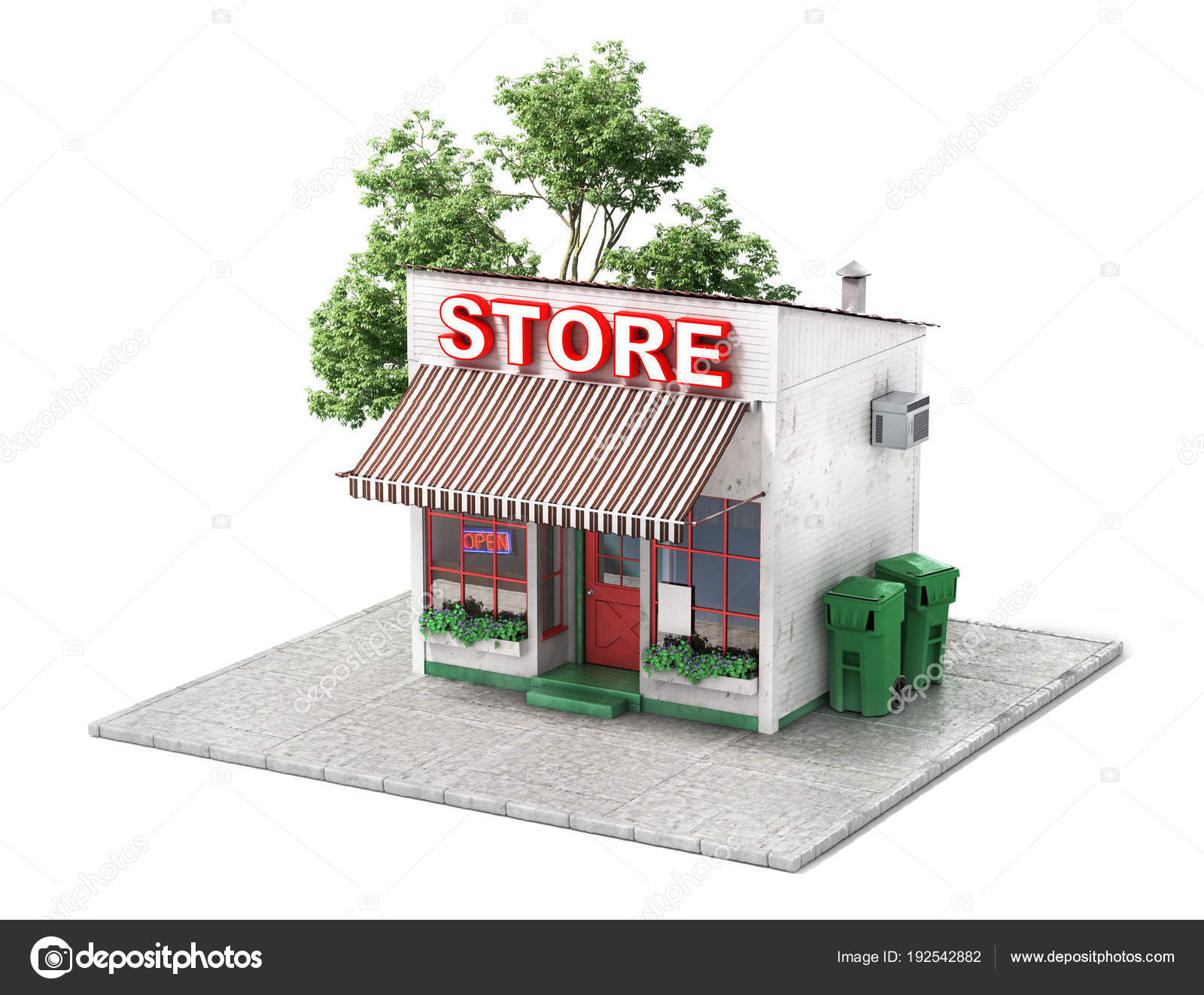 Business concept. Store with empty signboard isolated on a white. 3d ...