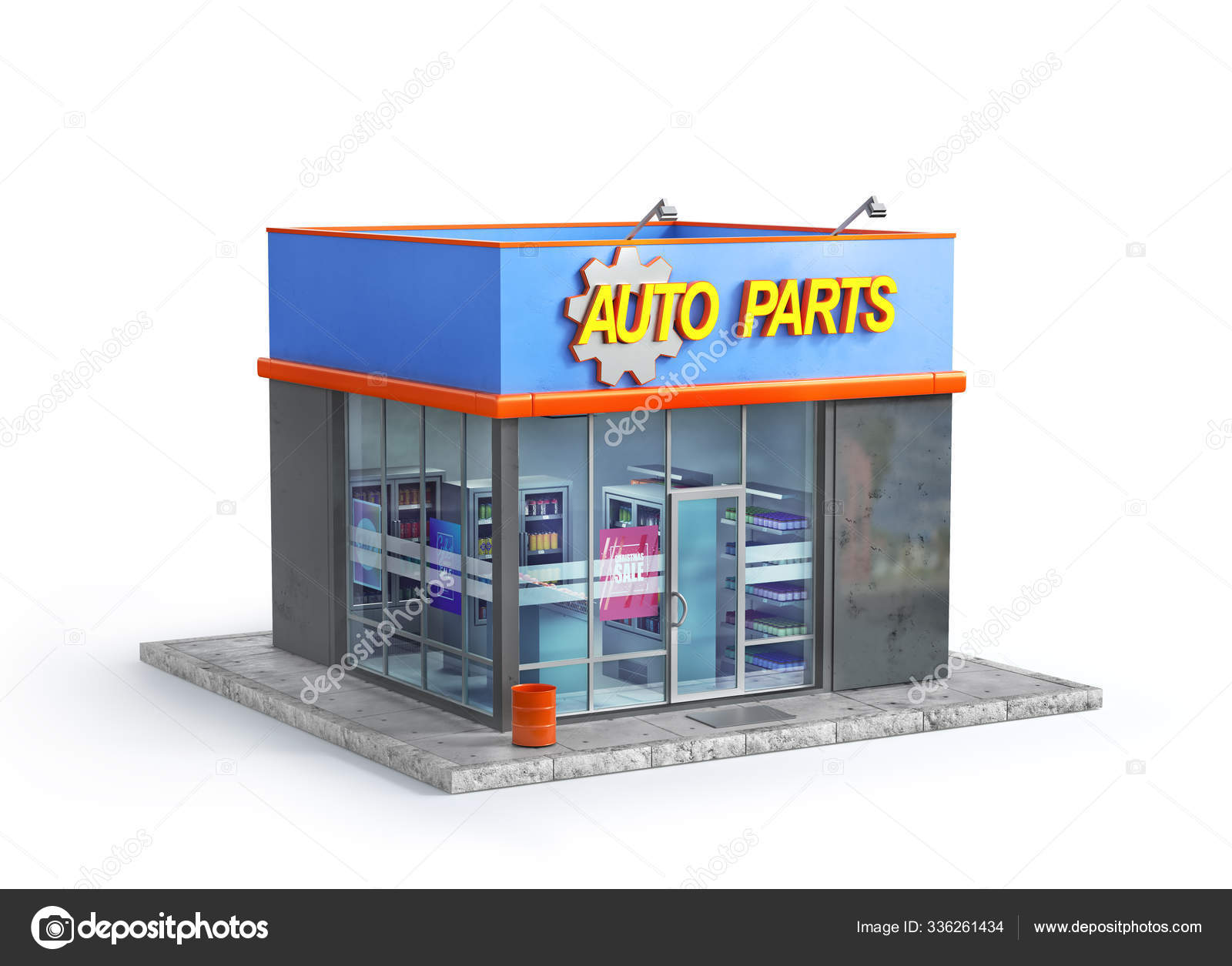 Auto parts store isolated on a white background. 3d illustration Stock ...