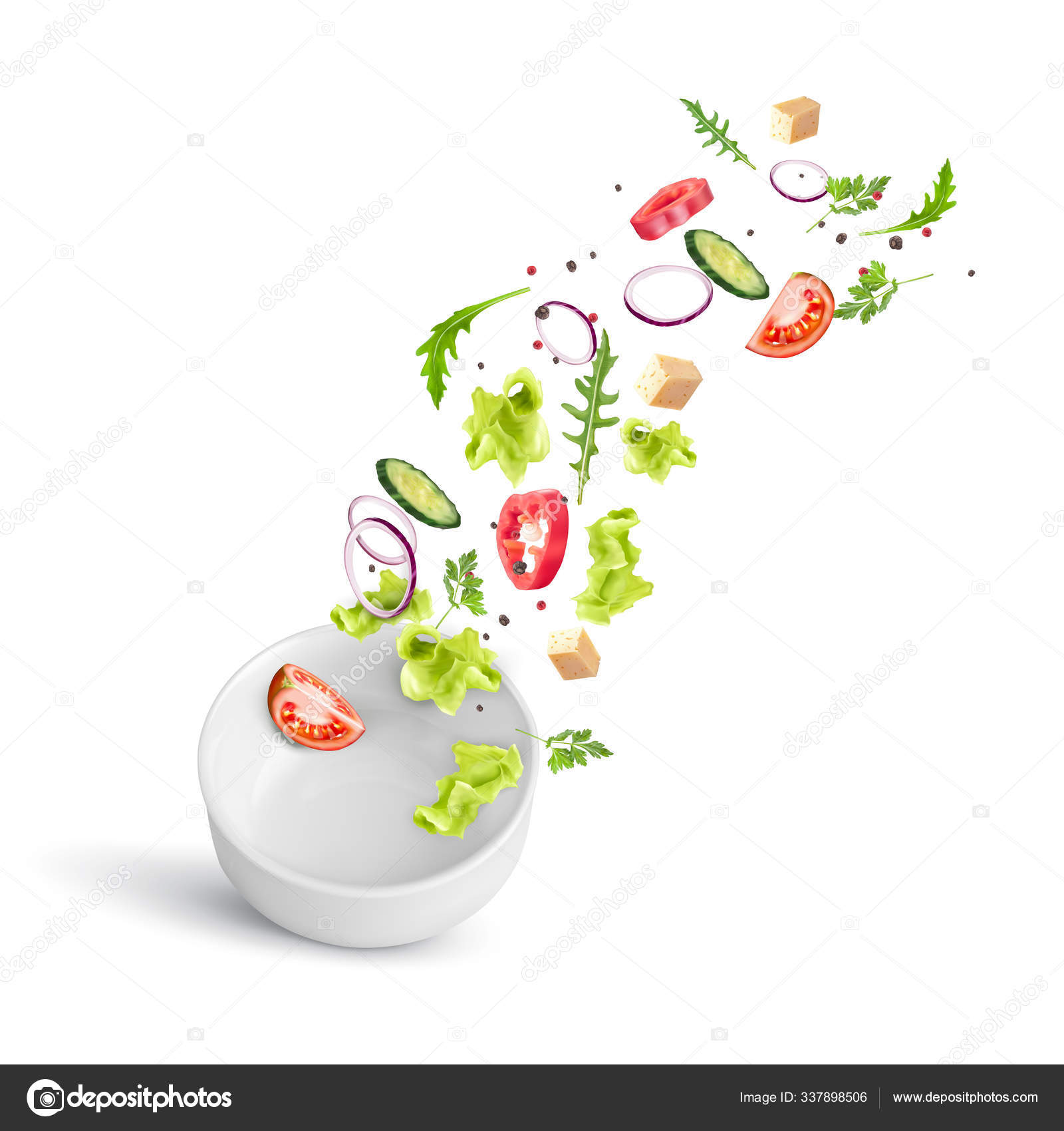 Fresh summer vegetable salad falling in a white porcelain deep plate ...