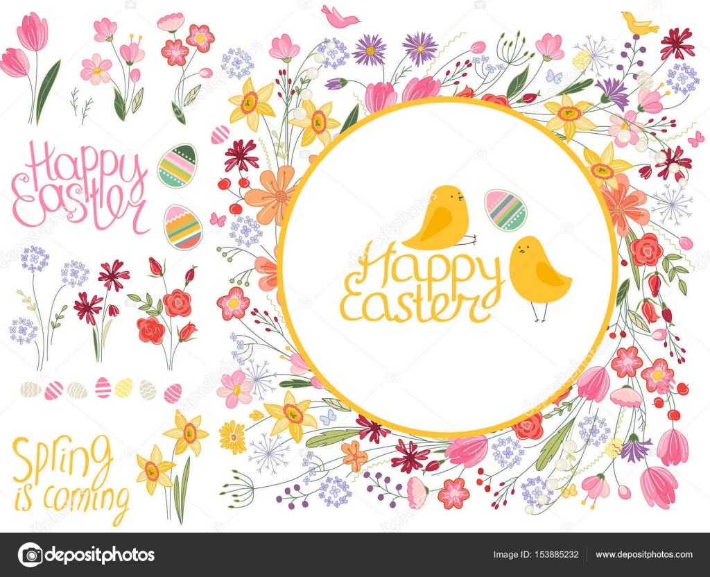Round frame with pretty chickens and text Happy Easter. Festive floral ...