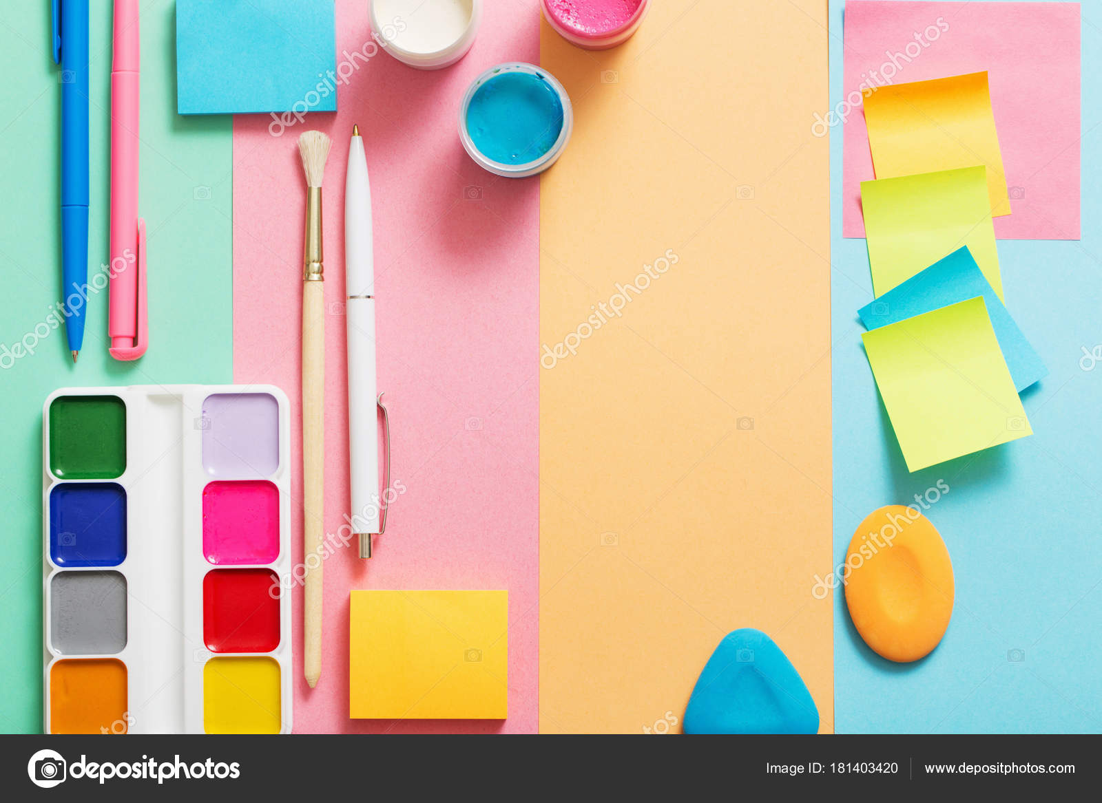 School supplies at colorful paper background texture Stock Photo by ...