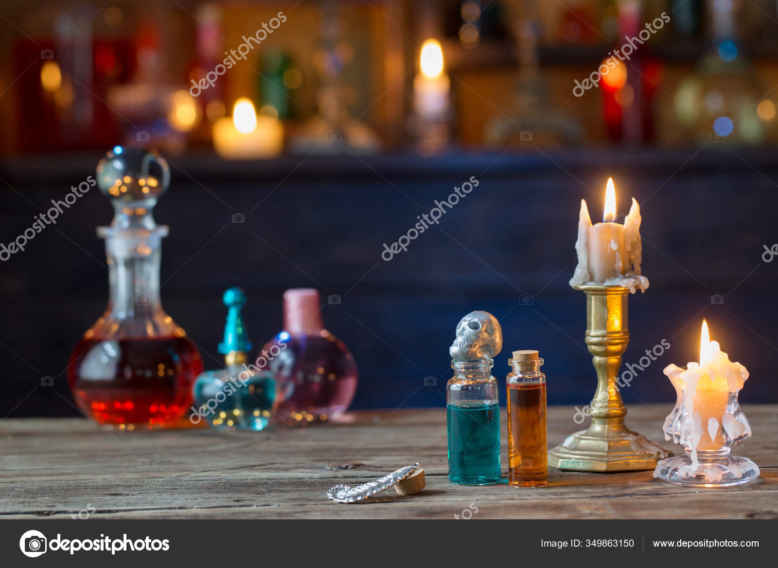 Magic Potions Bottles Wooden Table Stock Photo by ©Kruchenkova 349863150