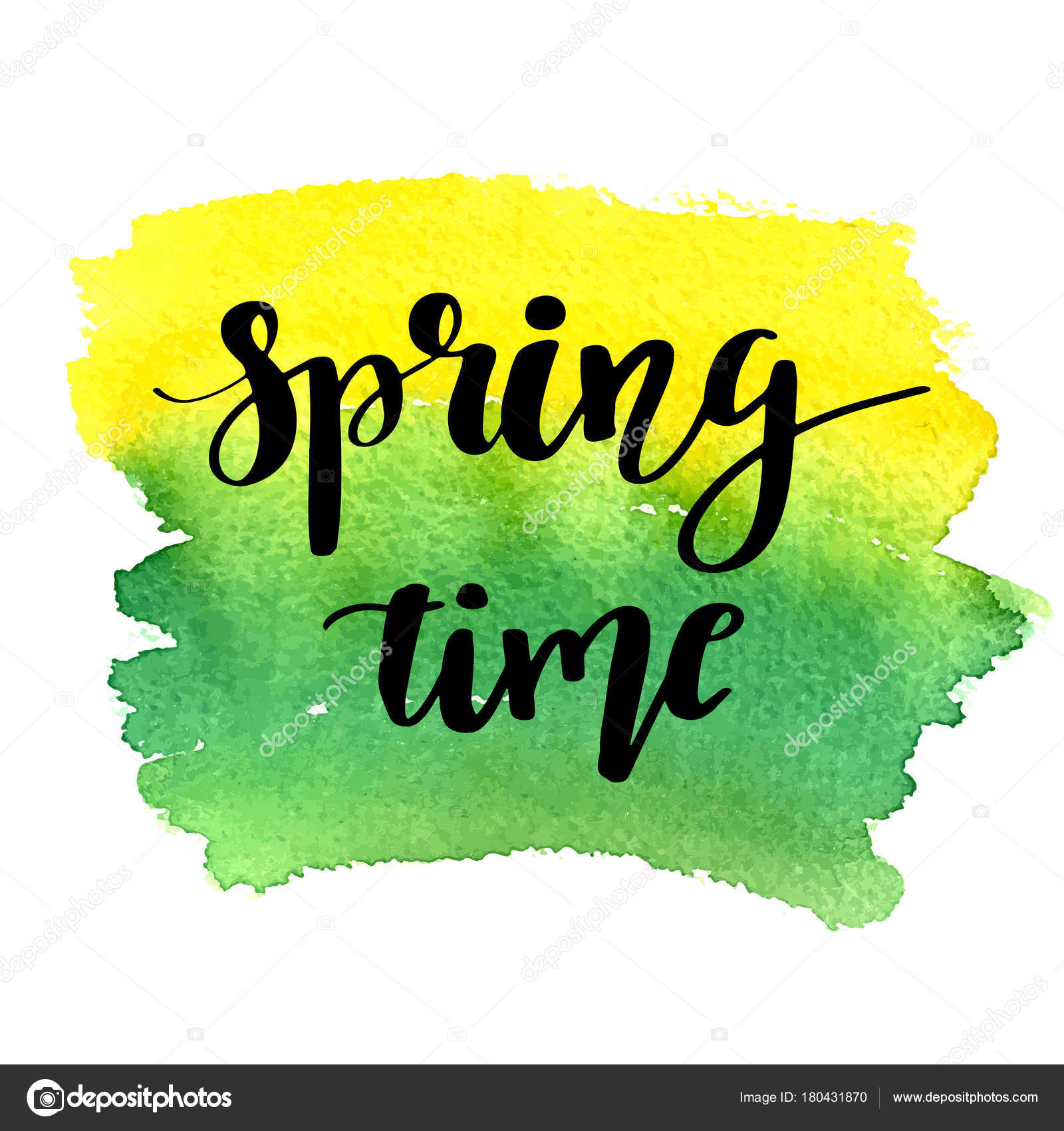 Hand lettered style spring design on a grungy background with green ink ...