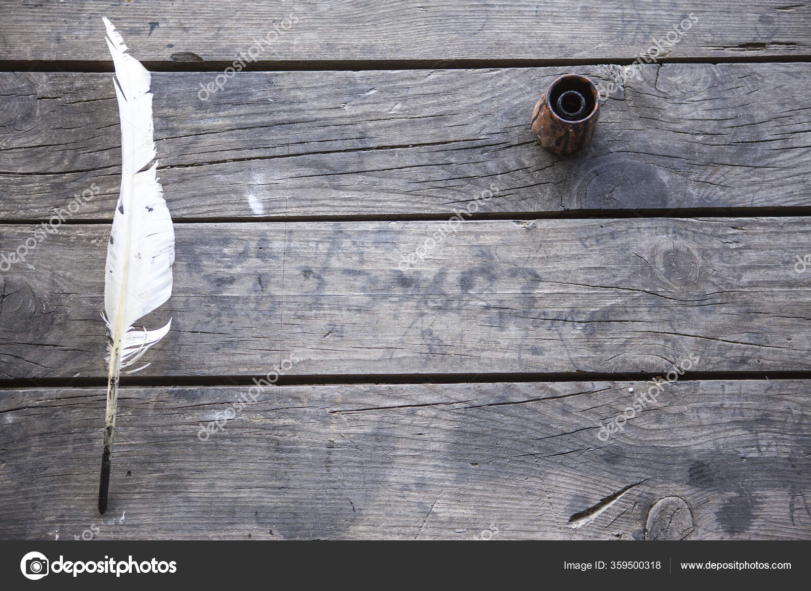 Feather Writing Inkwell Quill Writing Feather Lies Old Wooden Table ...