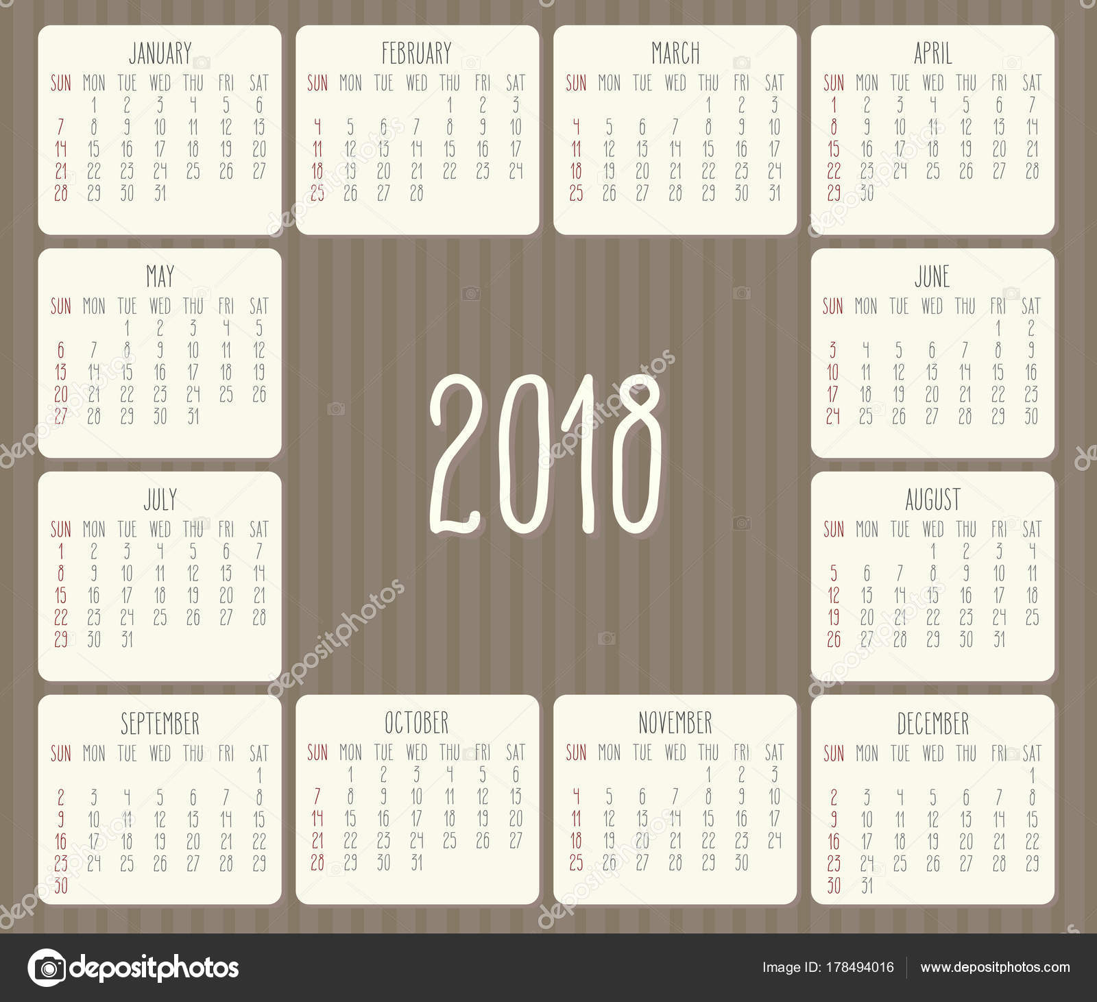 Year 2018 monthly calendar Stock Vector by ©de-kay 178494016
