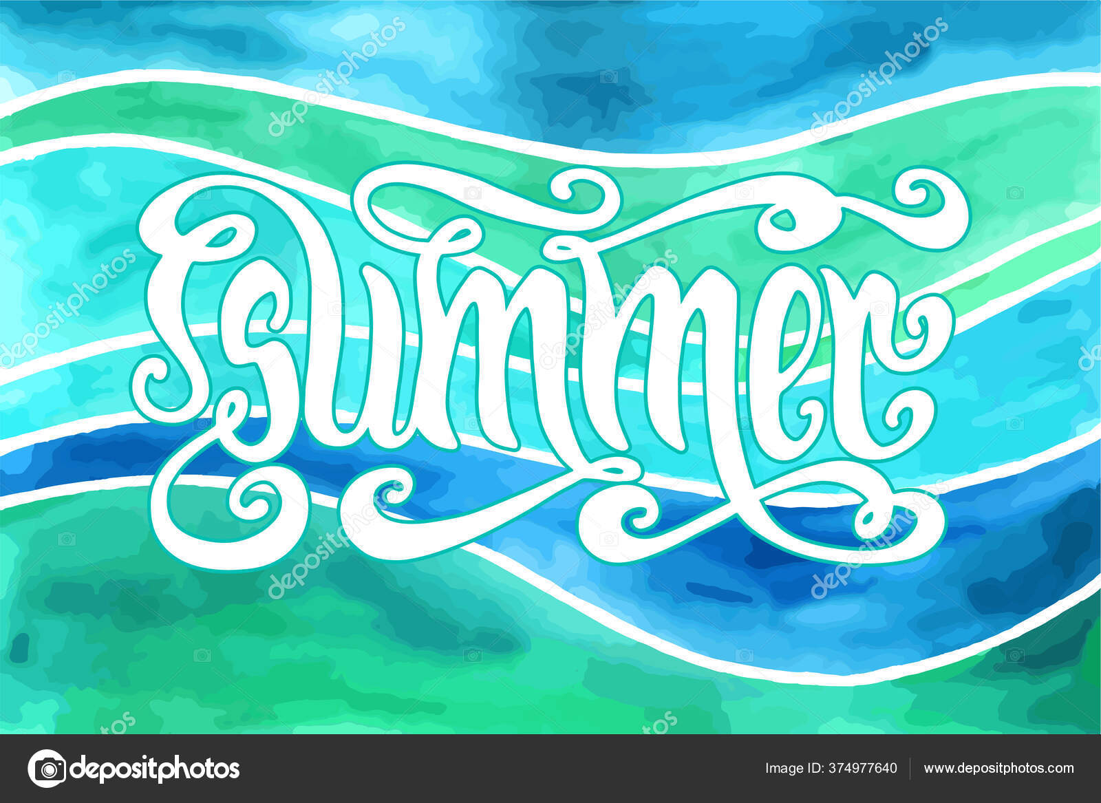 Hand Drawn Word Summer Green Blue Watercolor Waves Background Vector ...