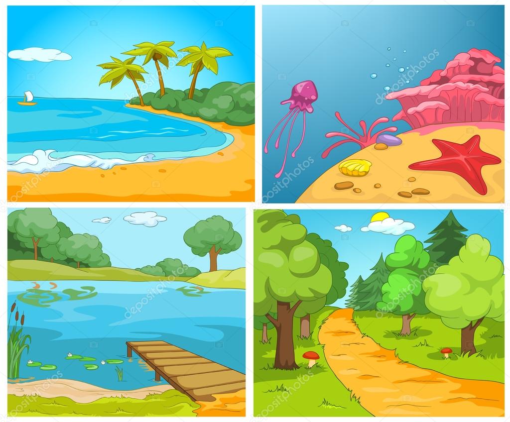 Conjunto de dibujos animados vectoriales de fondos de verano. 2023