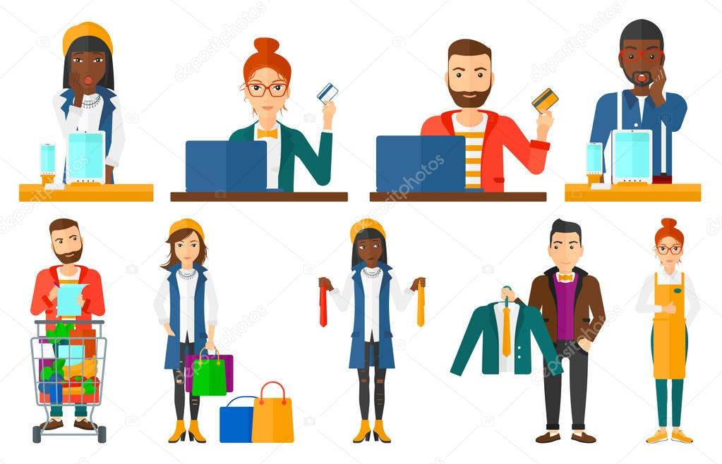 Conjunto vectorial de personajes de gente de compras. 2022