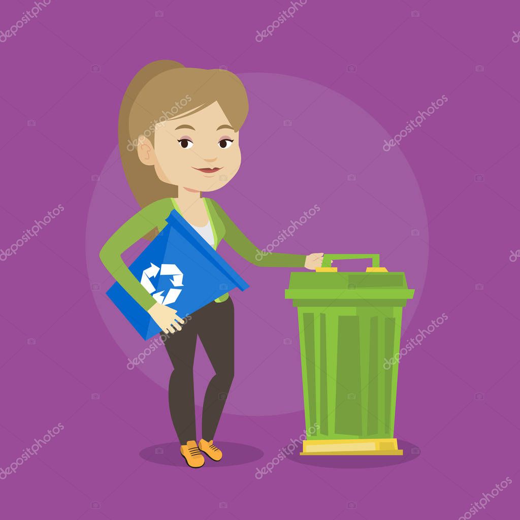 Mujer con papelera de reciclaje y bote de basura. 2024 Mujer con papelera de reciclaje y bote de basura. 2024