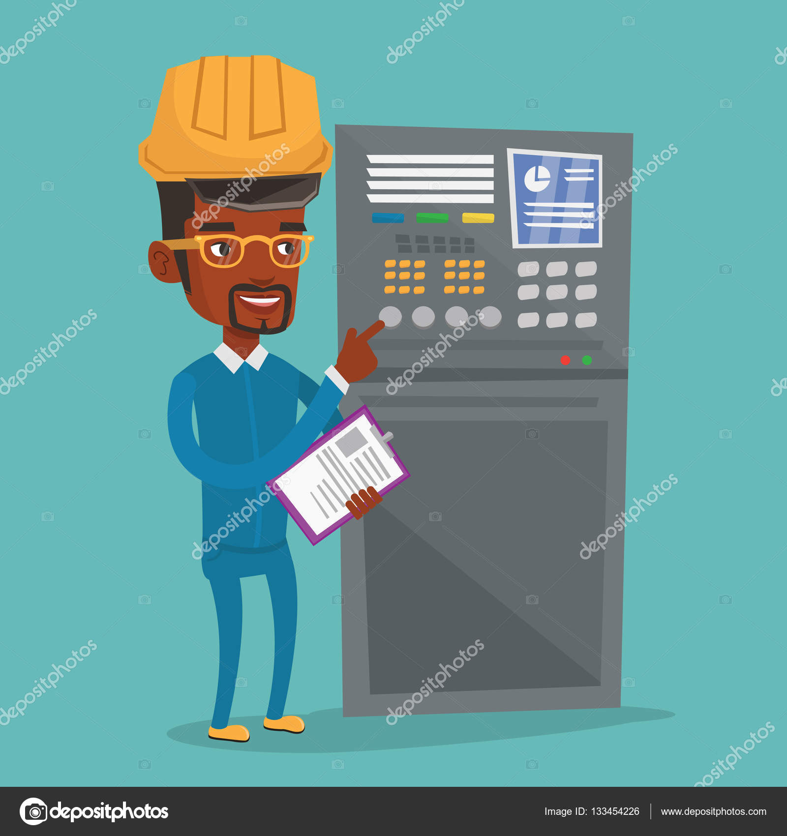 Engineer standing near control panel. Stock Vector Image by ...