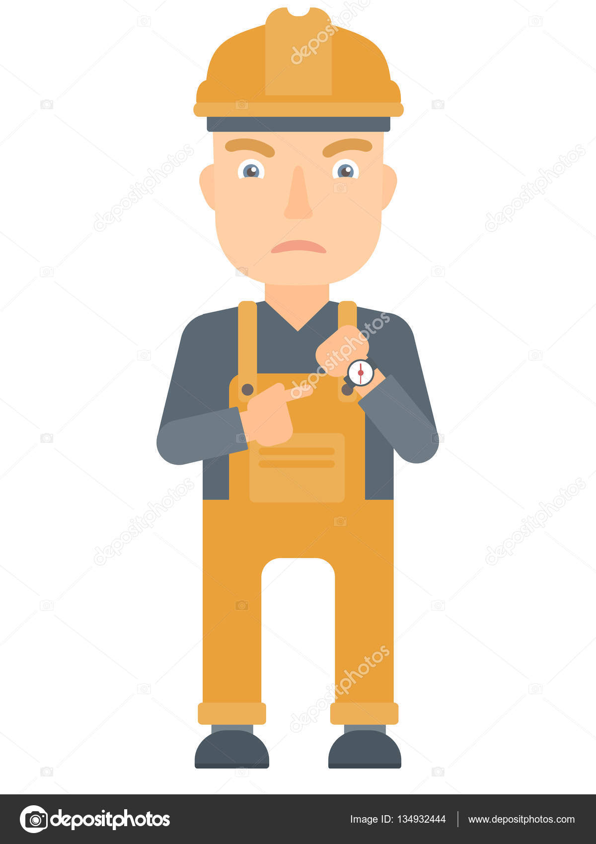 Angry constructor pointing at wrist watch. Stock Vector by ...