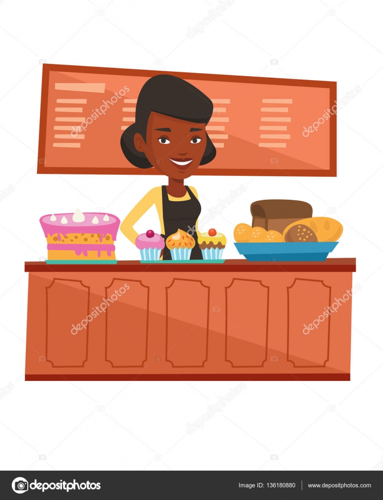 Trabajador parado detrás del mostrador en la panadería . Vector de stock por ©VisualGeneration ...
