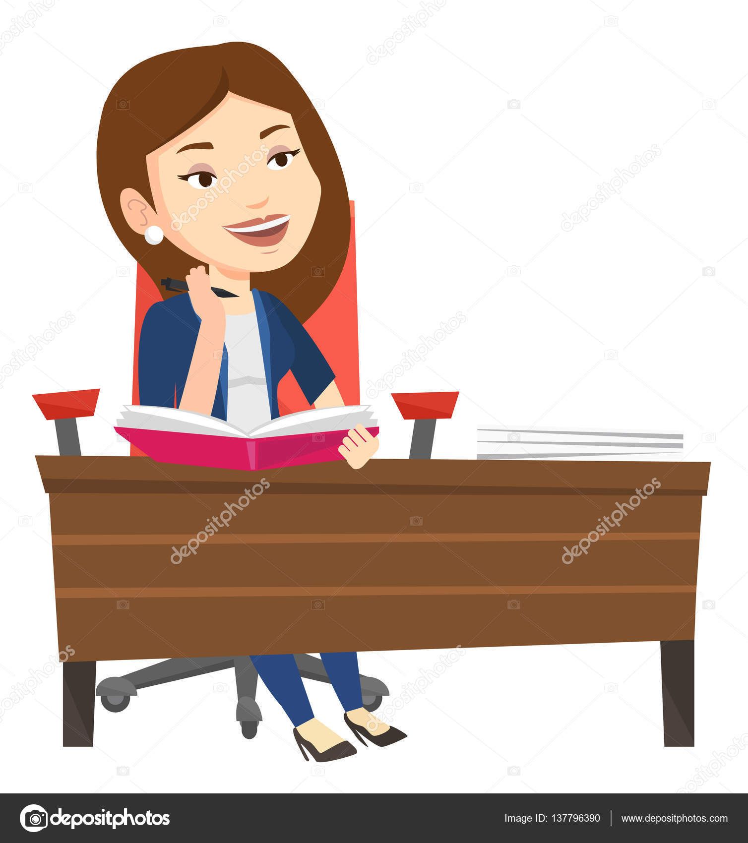 Cartoon Student Writing At Desk Thinking