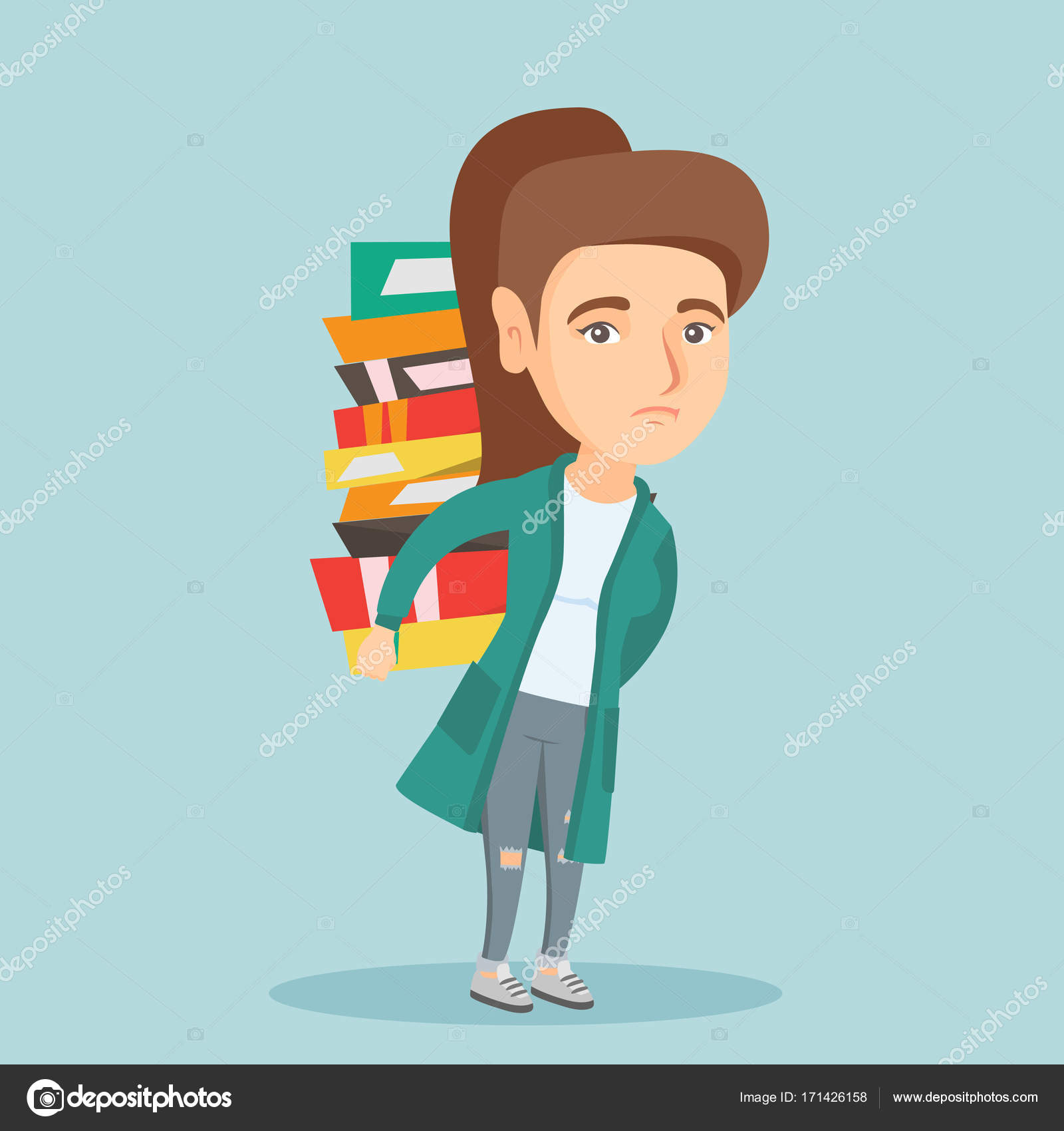 Student carrying a heavy pile of books on back. — Stock Vector ...