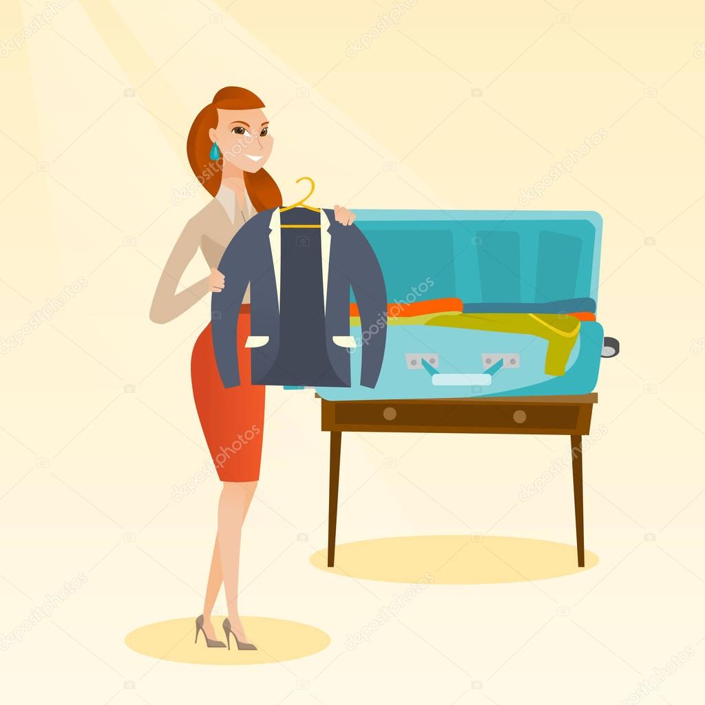 Caucasian woman packing clothes in a suitcase. — Stock Vector ...