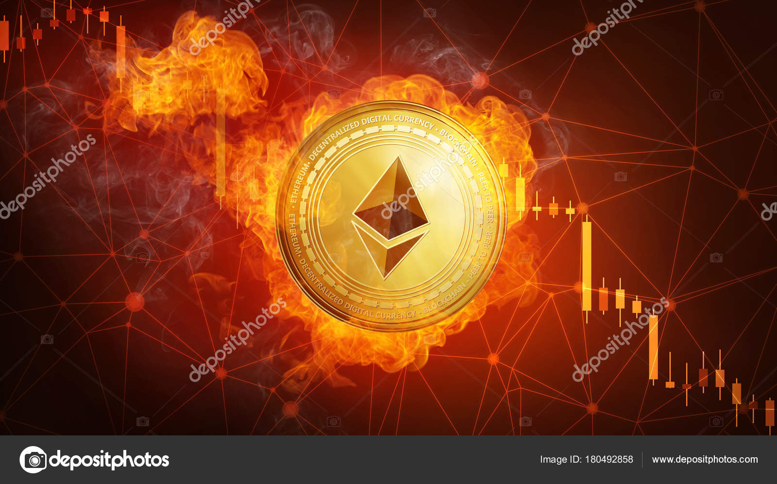 Golden Ethereum coin falling in fire flame. — Stock Photo ... Golden Ethereum coin falling in fire flame. — Stock Photo ...