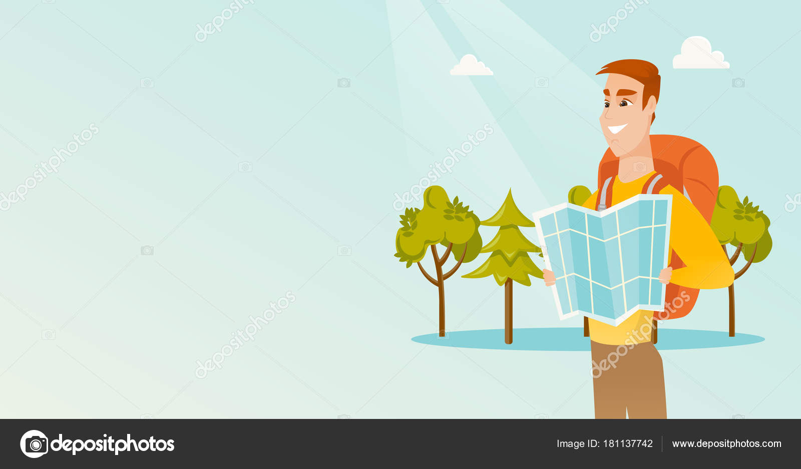 Young caucasian traveler man looking at map. Stock Vector Image by ...