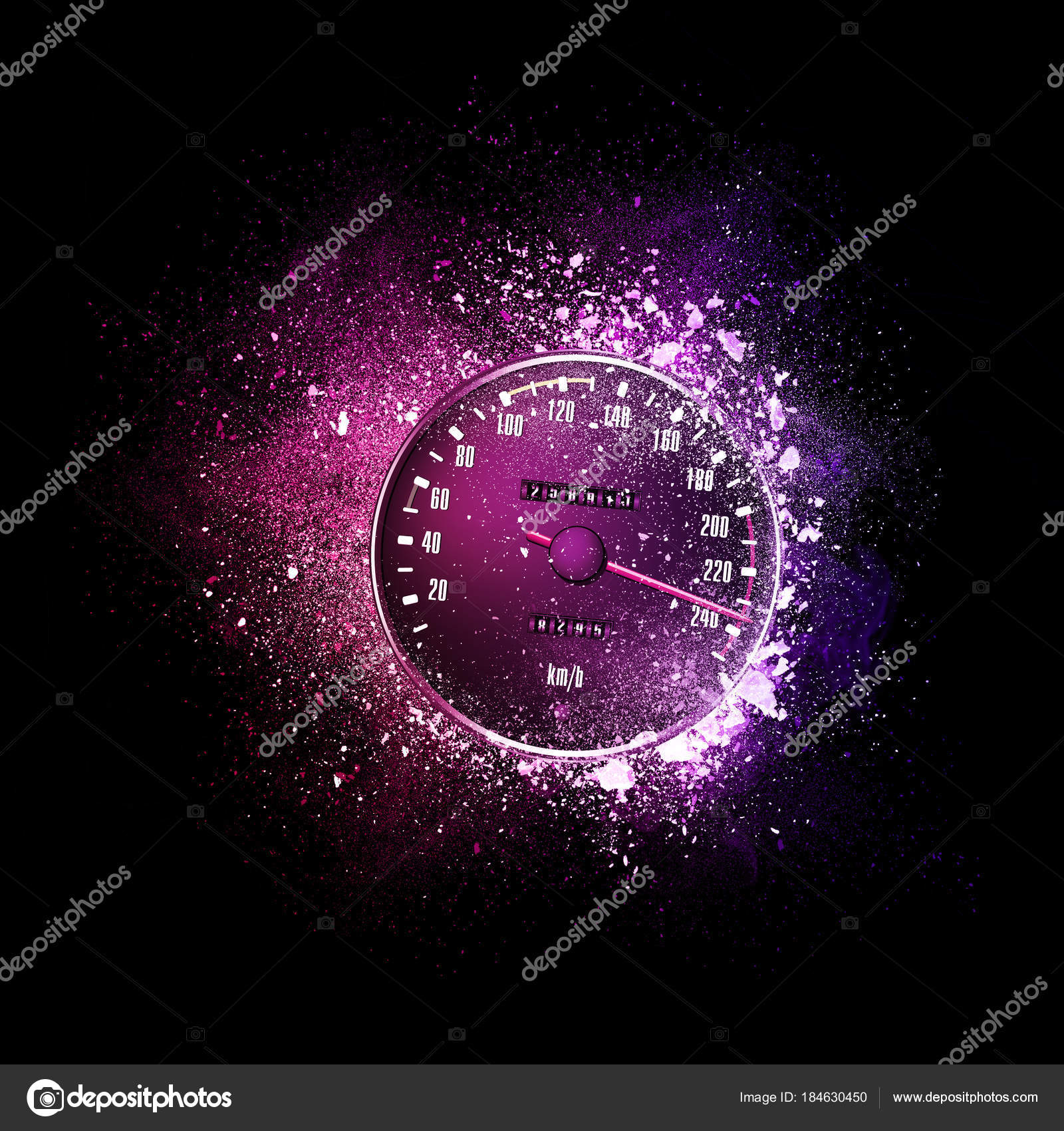 Speedometer flying in violet particles. Stock Photo by ...