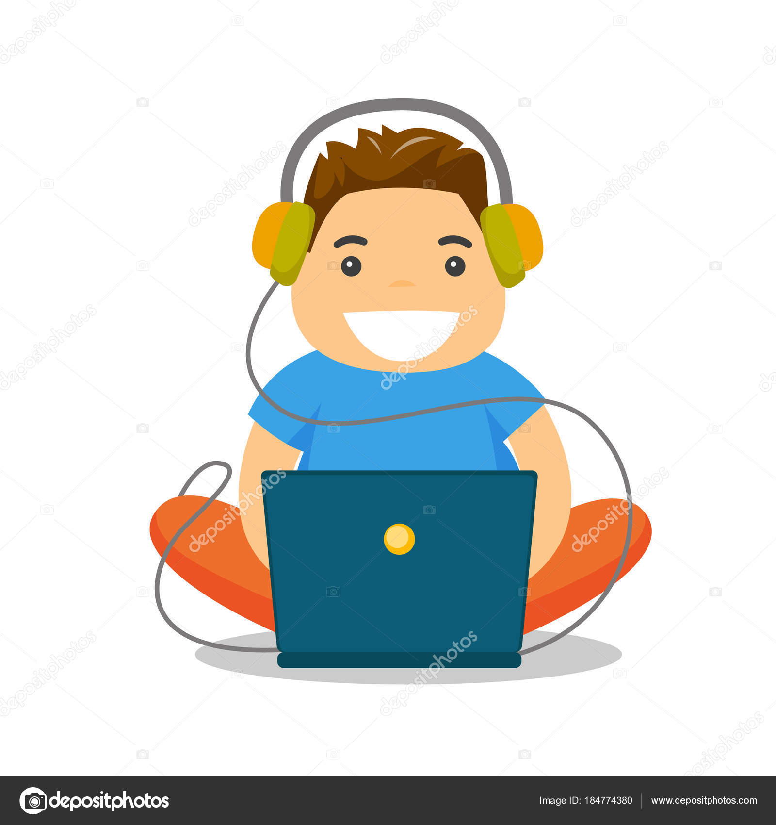 Caucasian white fat boy sitting with laptop. Stock Vector Image by ...