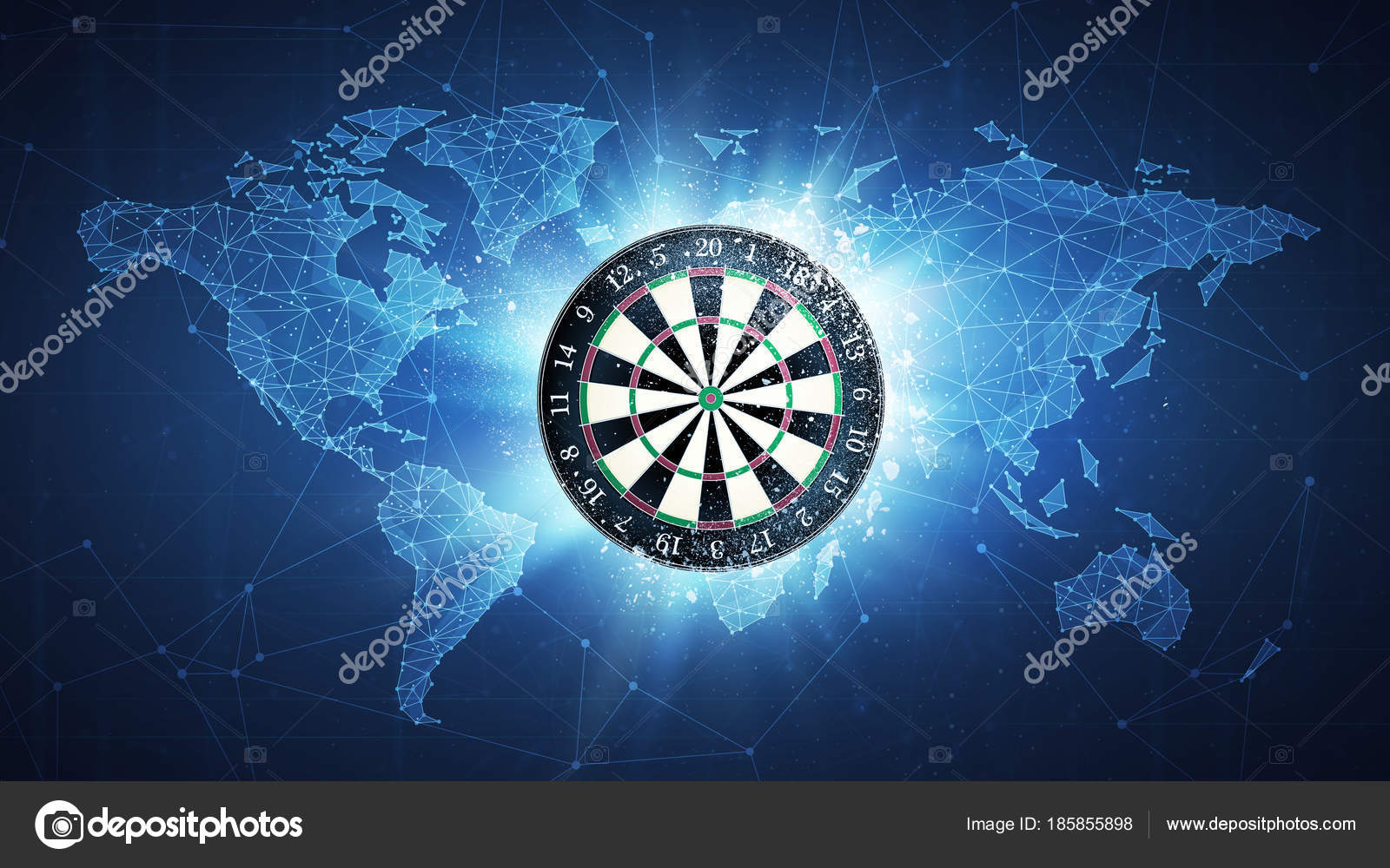 Darts board flying on world map background. — Stock Photo ...