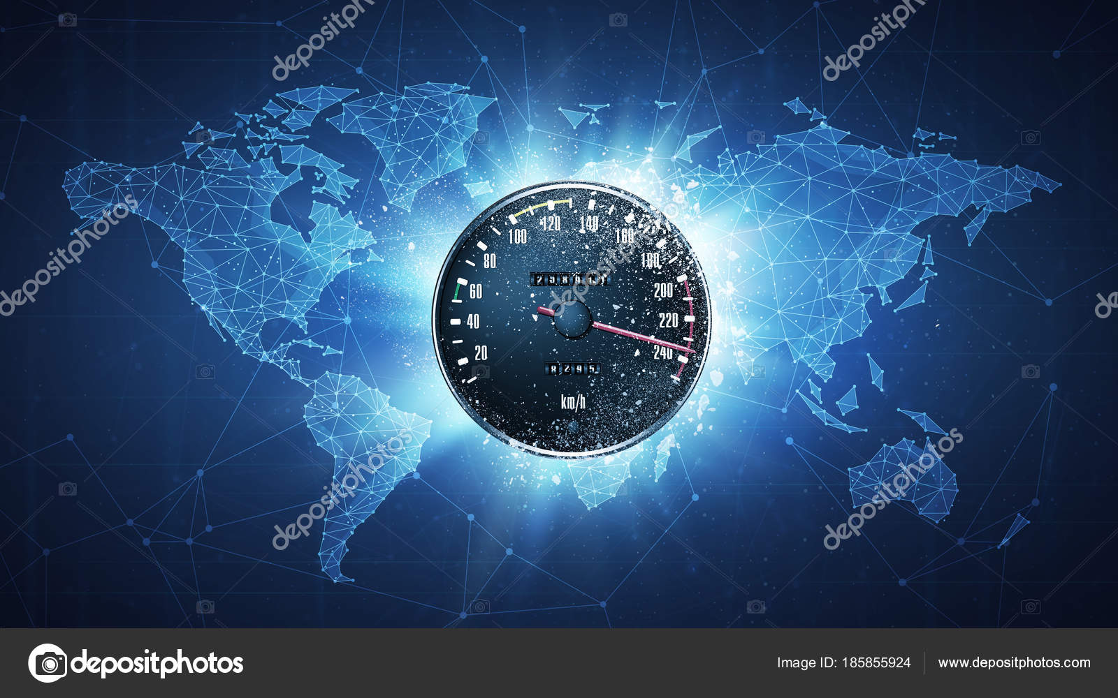 Speedometer flying on world map background. — Stock Photo ...