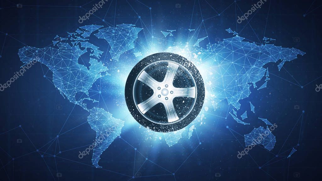 Rueda de coche volando en el mapa del mundo fondo. 2023