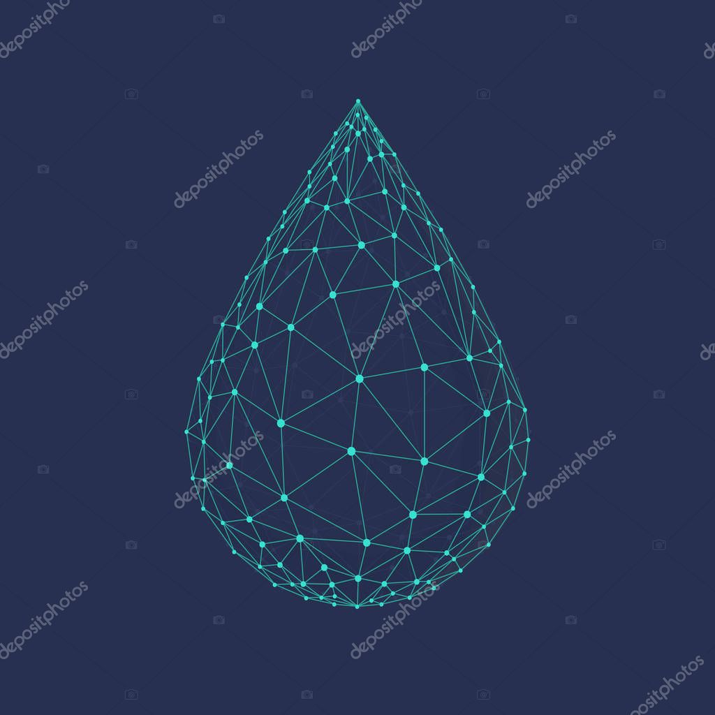 Gota de agua poligonal aislada sobre fondo azul. 2024