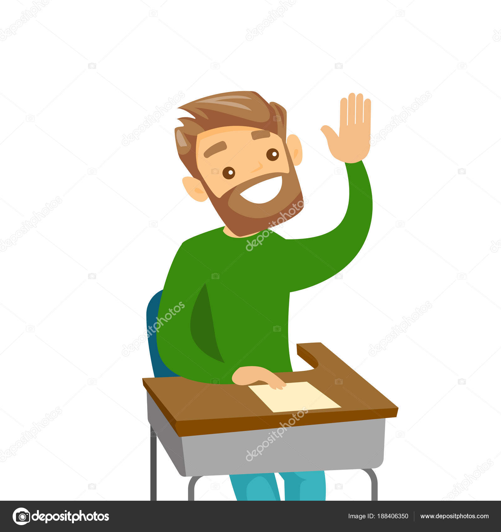 Cartoon Raising Hand At Desk