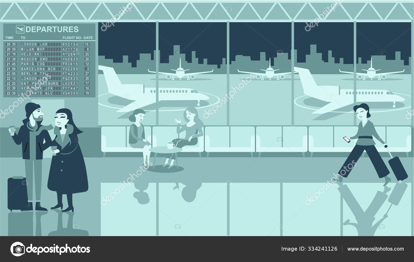 Airport terminal interior monochrome drawing Stock Illustration by ...