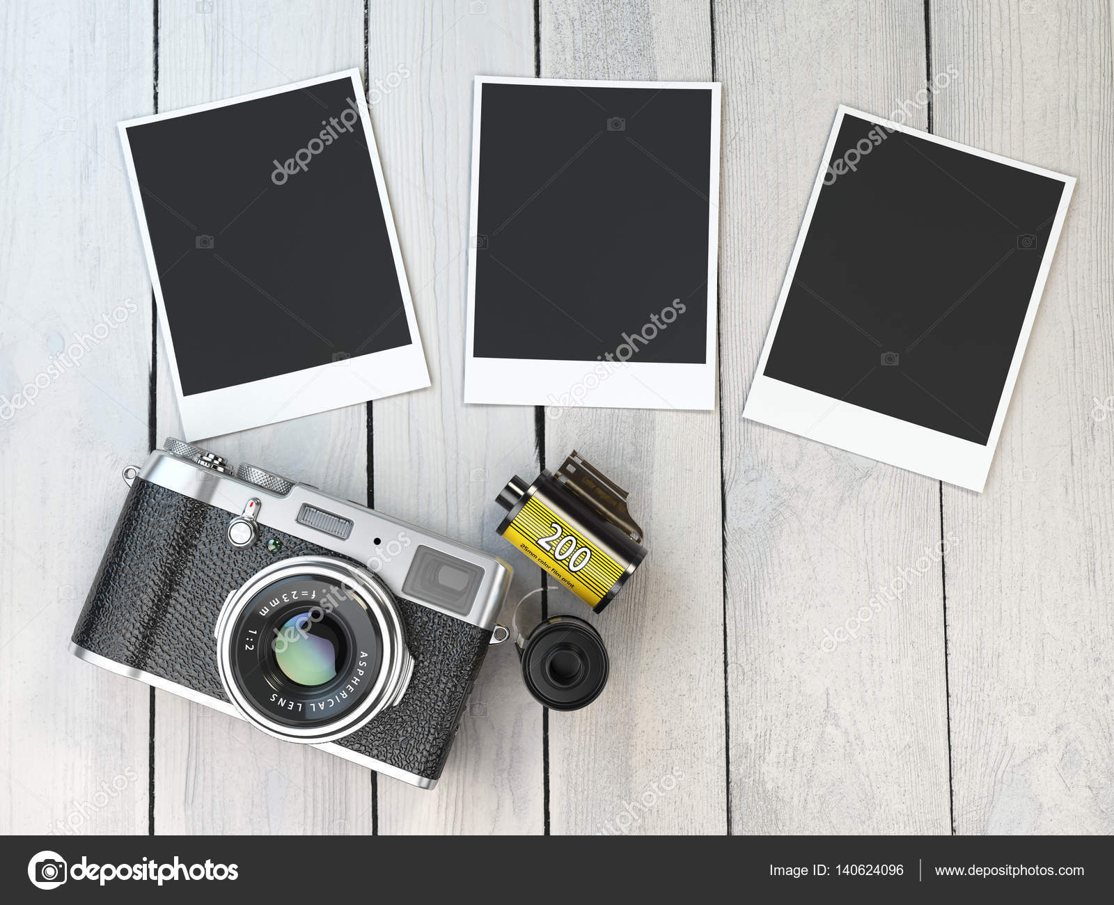 Retro camera, empty photo frames pictures and film canisterrs o — Stock ...