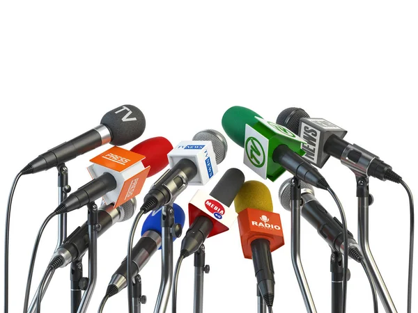 Microphones prepared for press conference or interview isolated Stock ...