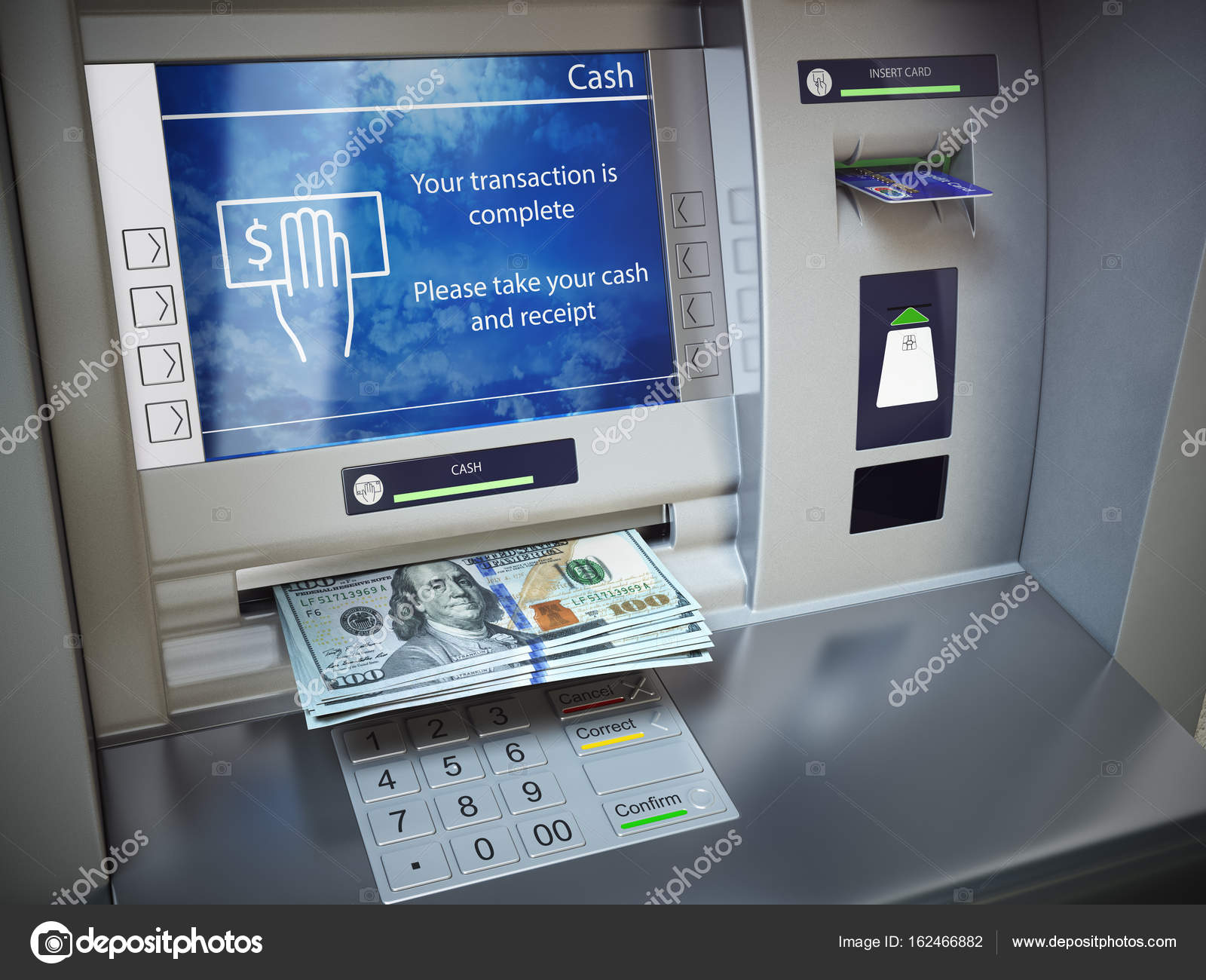 ATM machine and money. Withdrawing dollar banknotes. Stock Photo by ...