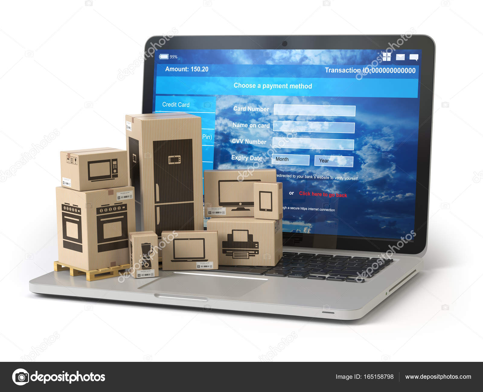 Cardboard boxes with appliaces on PC laptop keyboard. E-commerc Stock ...