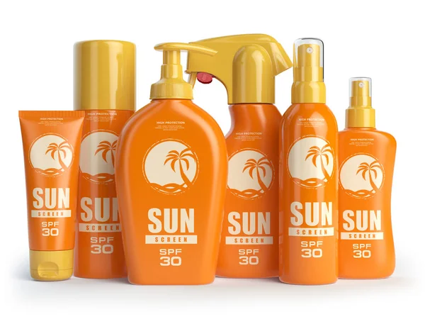 Sun screen cream, oil and lotion containers. Sun protection and Stock ...
