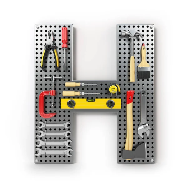 Letter E. Alphabet from the tools on the metal pegboard isolated ...
