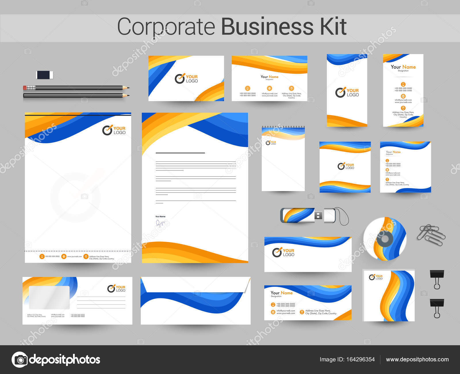 Corporate Business Kit with yellow and blue waves. Stock Vector Image ...