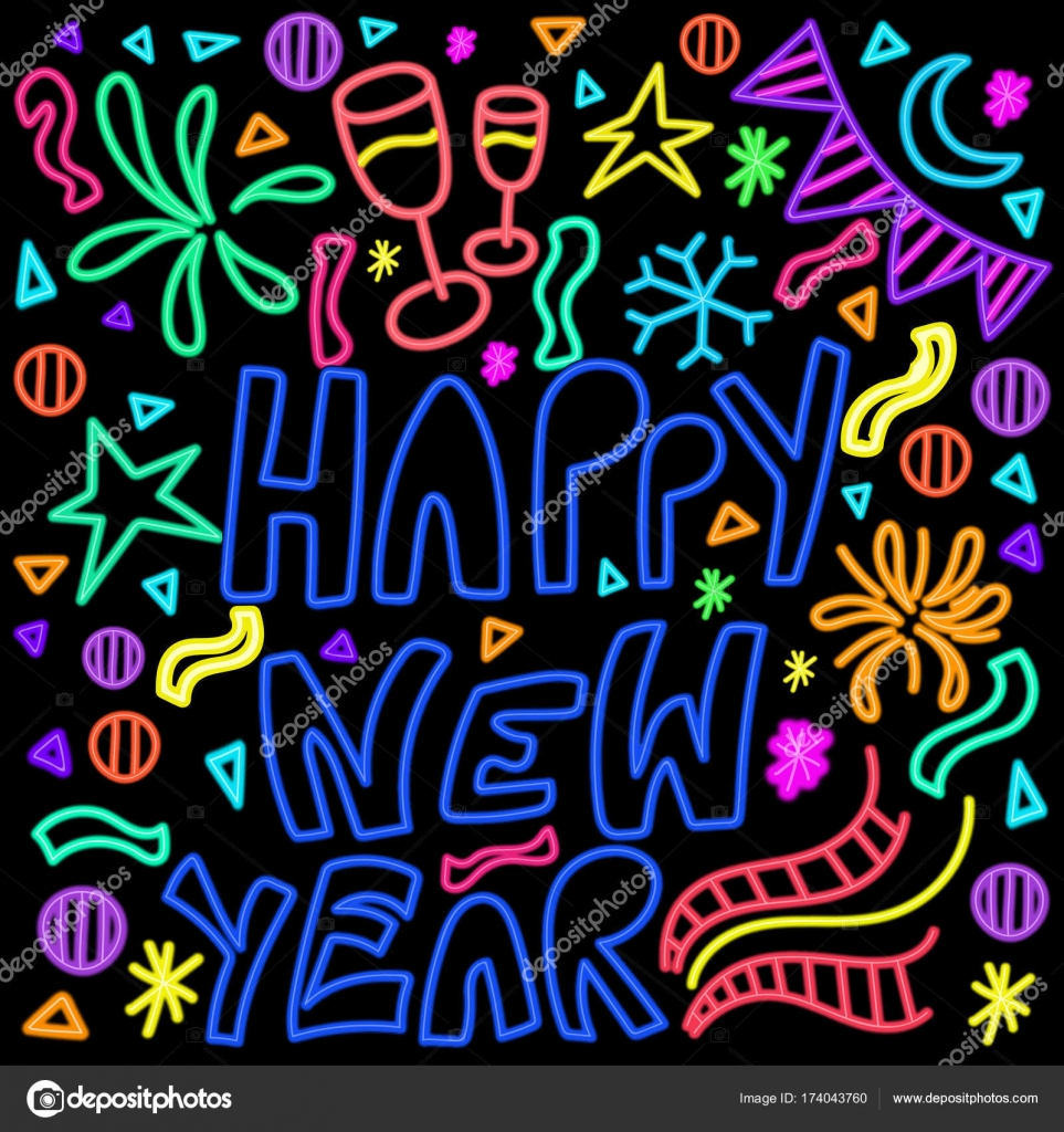 Glowing neon lights doodle pattern for New Year celebrations. Stock ...