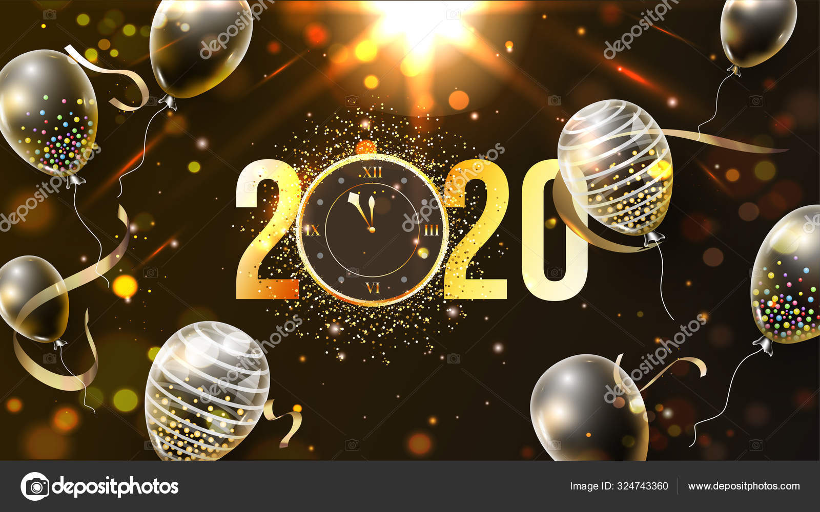 Golden Text 2020 with Wall Clock and Balloons Decorated on Brown Stock ...