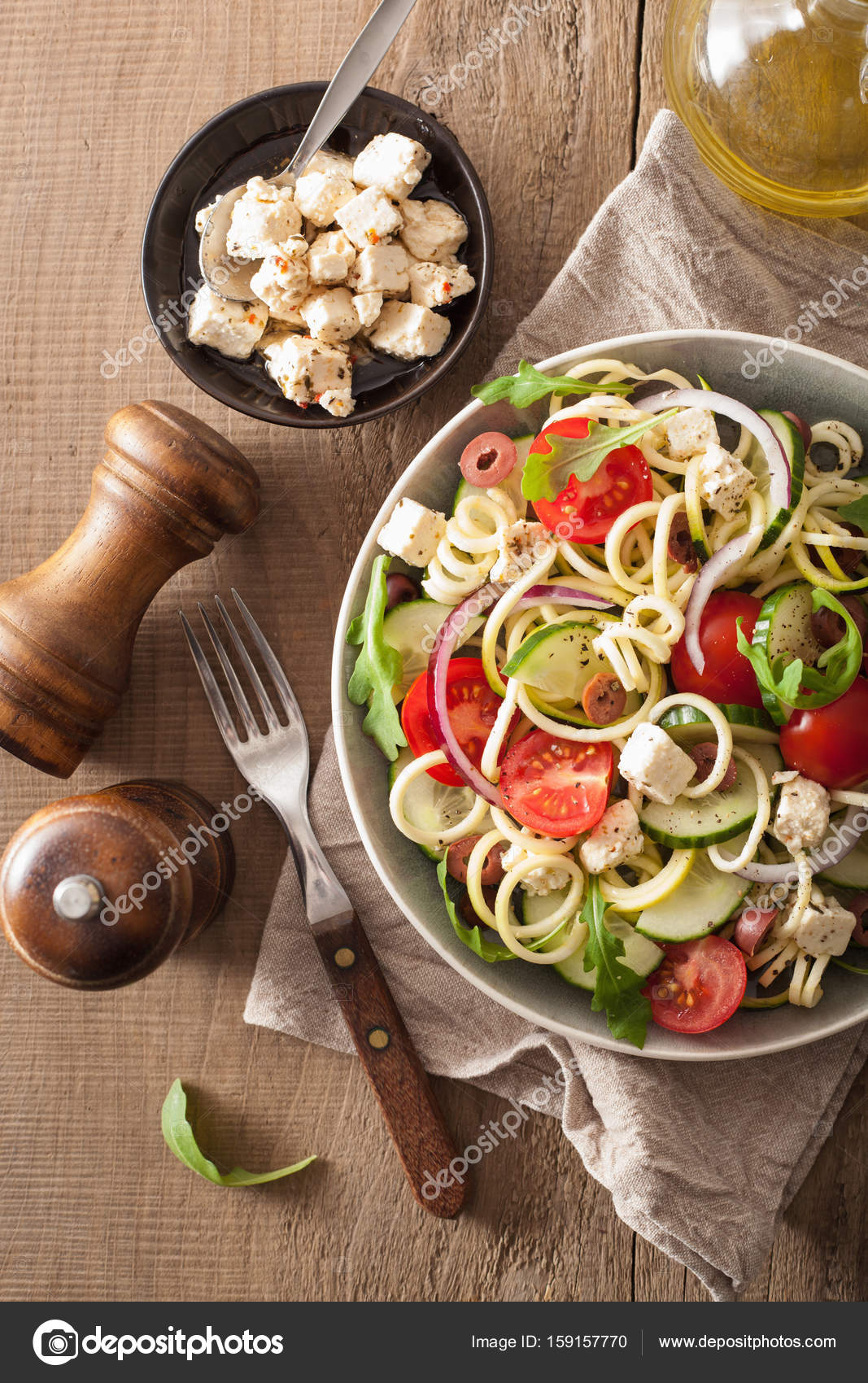 Spiralized courgette salad greek style with tomato feta olives c Stock ...