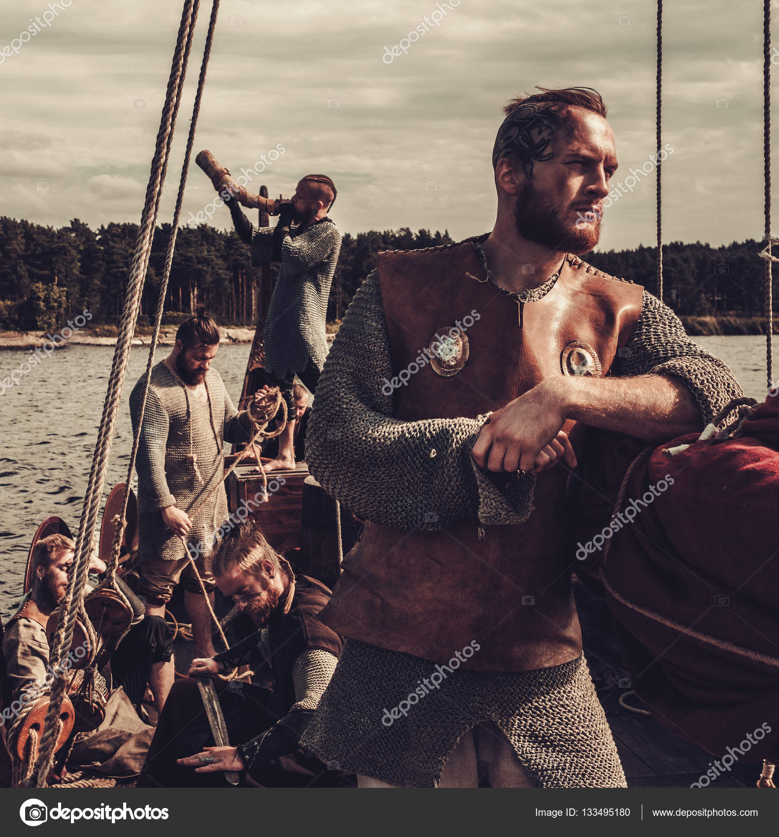 Group of vikings are floating on the sea on Drakkar Stock Photo by ...