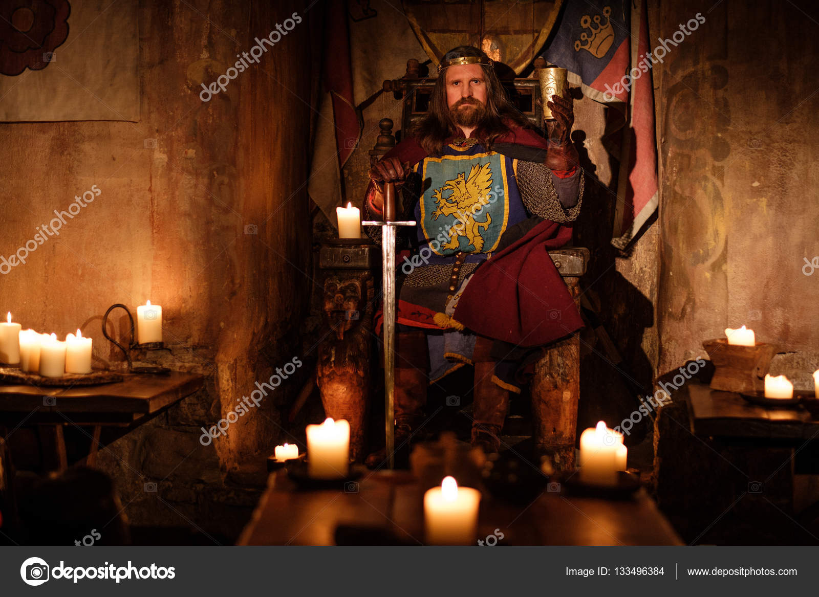 Medieval king on throne in ancient castle interior. — Stock Photo ...
