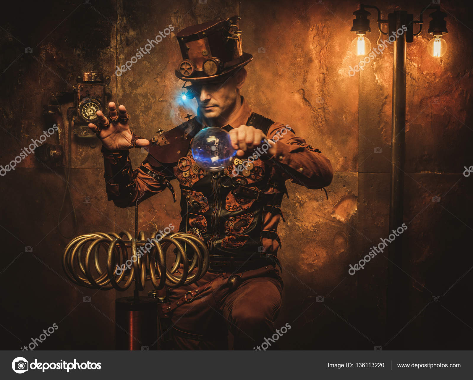 Steampunk man with Tesla coil on vintage steampunk background — Stock ...