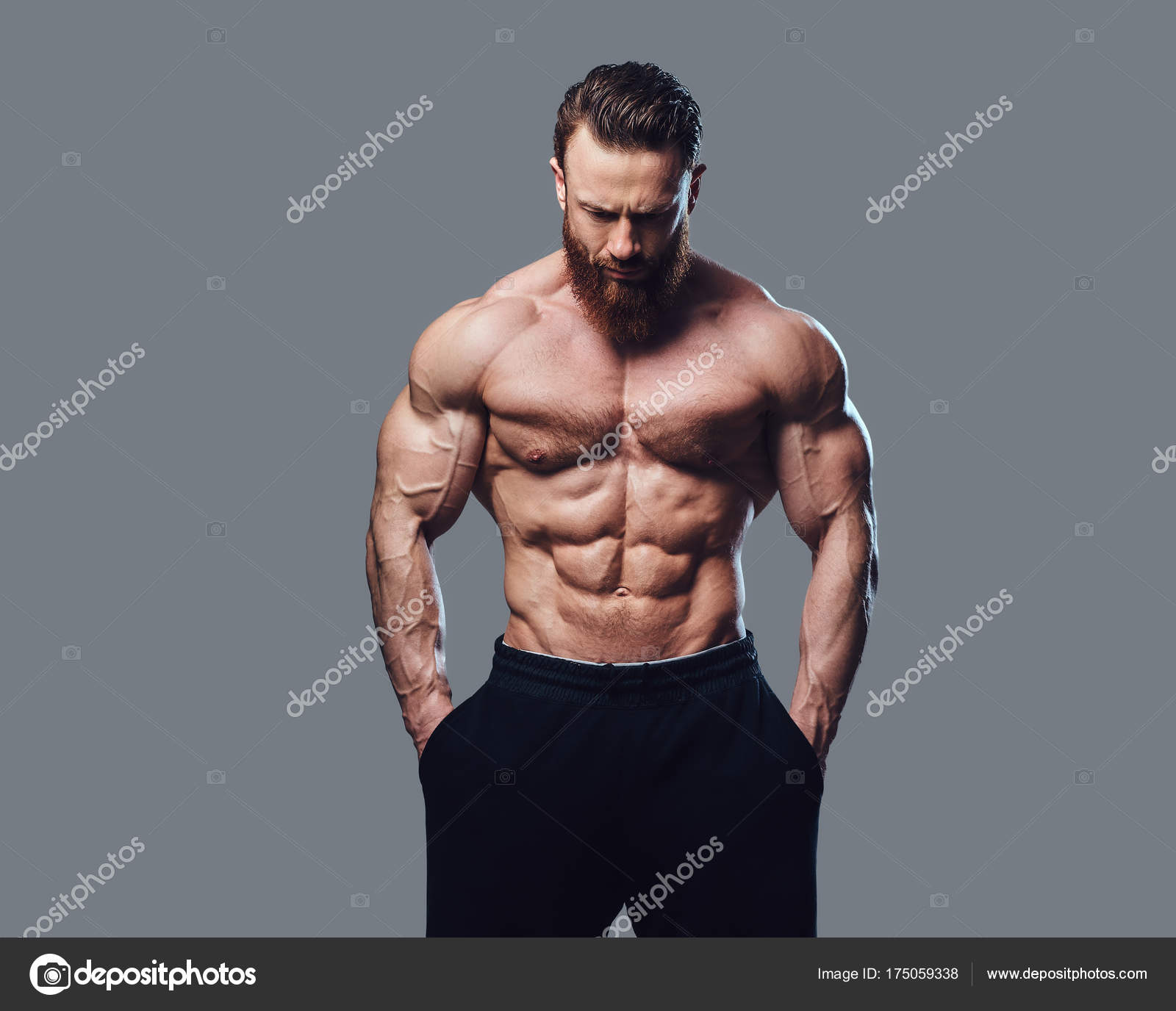 Portrait Bearded Shirtless Bodybuilder Grey Background Stock Photo by ...