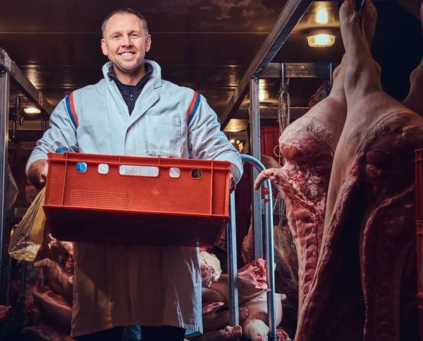 The butcher dressed in a white kitchen robe holds a plastic box with ...