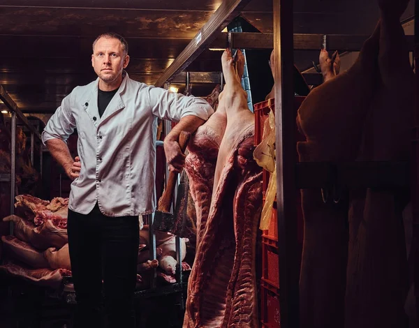 Portrait Butcher White Kitchen Robe Holds Meat Factory Stock Photo by ...