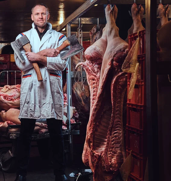 Portrait Butcher White Kitchen Robe Holds Meat Factory Stock Photo by ...