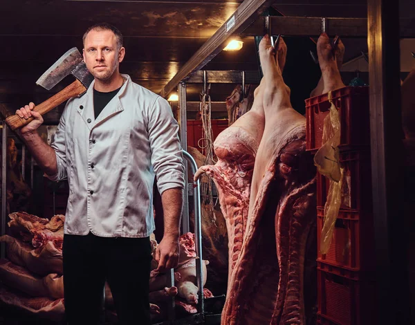 Portrait Butcher White Kitchen Robe Holds Meat Factory Stock Photo by ...