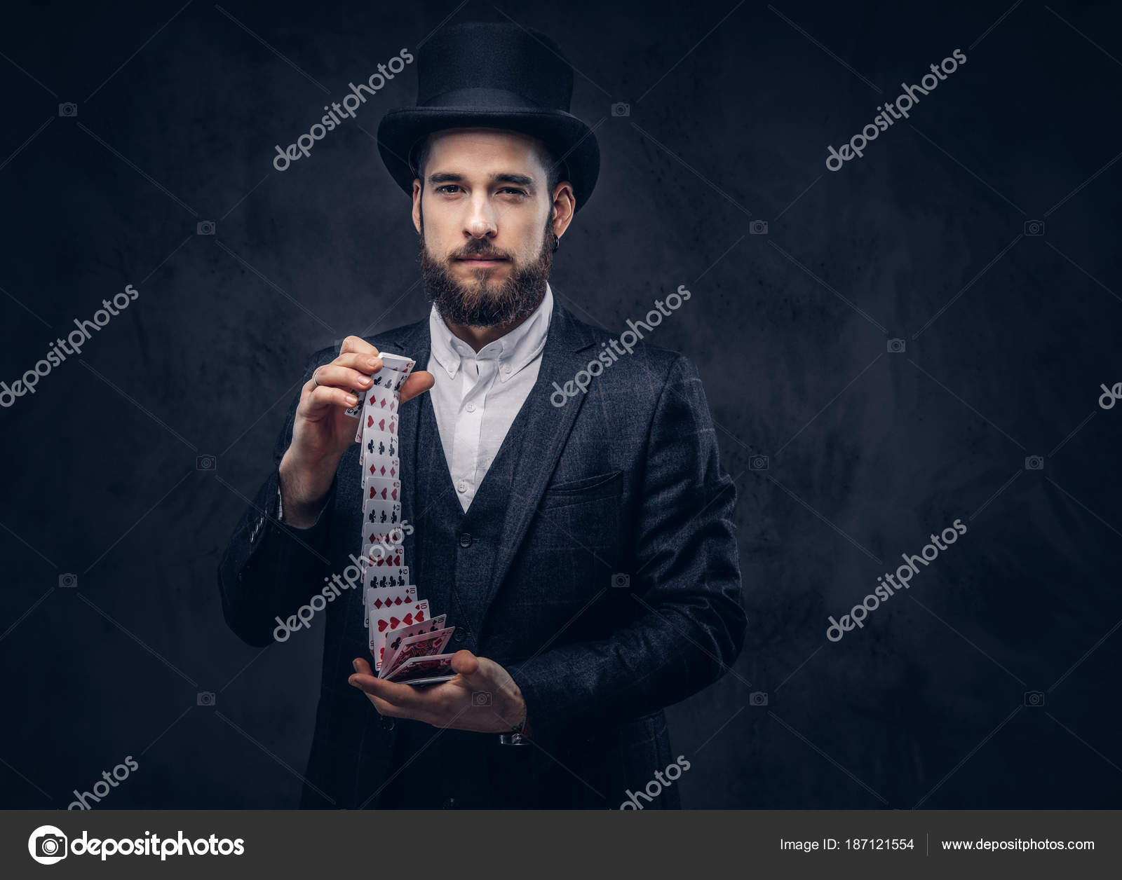 Portrait Handsome Magician Black Suit Showing Trick Playing Cards Dark ... Portrait Handsome Magician Black Suit Showing Trick Playing Cards Dark ...